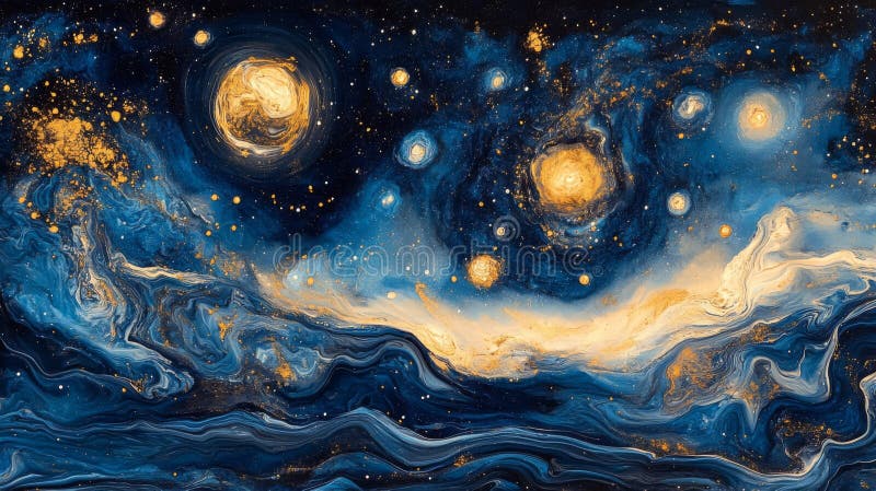 Abstract Cosmic Painting Blue Gold Galaxy Stock Illustration ...