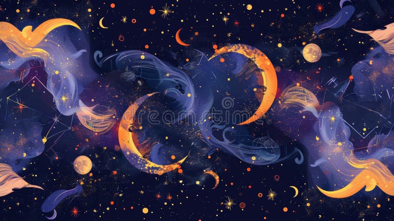 Abstract Cosmic Pattern with Swirling Clouds, Crescent Moons, and Stars ...