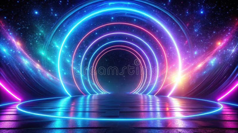 Abstract Cosmic Portal Glowing Neon Circles Encircling a Dark, Starry ...