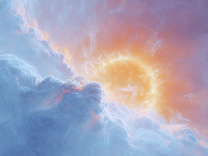 Abstract Cosmic Scene Featuring a Bright Sun Enveloped by Ethereal ...