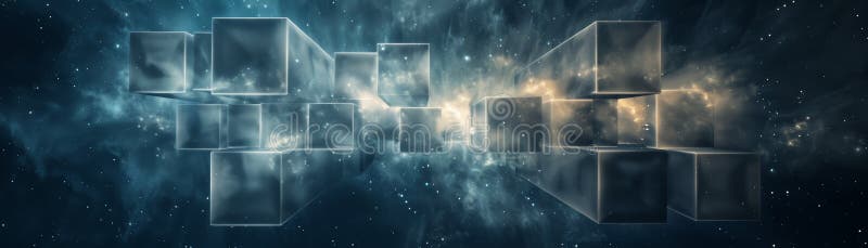 Abstract Cosmic Scene Featuring Transparent Cubes Floating in a Starry ...