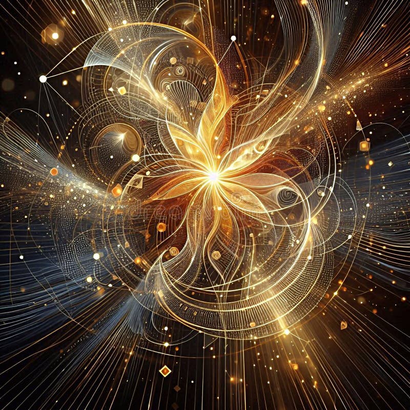 Abstract Cosmic Scene Swirling Golden Patterns Bright Light Bursts ...