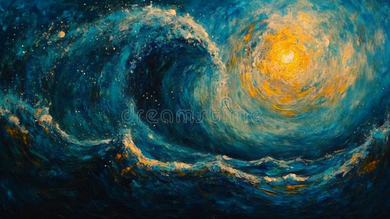 Abstract Cosmic Wave Painting Blue Gold Night Sky Stock Illustration ...