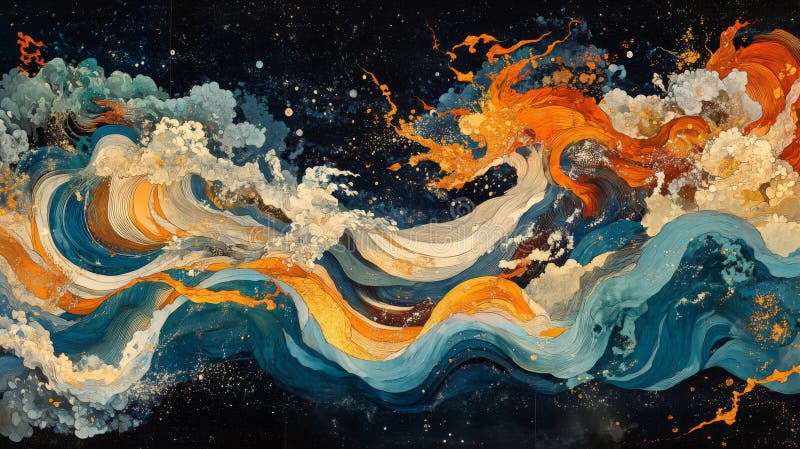 Abstract Cosmic Waves Painting with Fire and Blue Stock Illustration ...