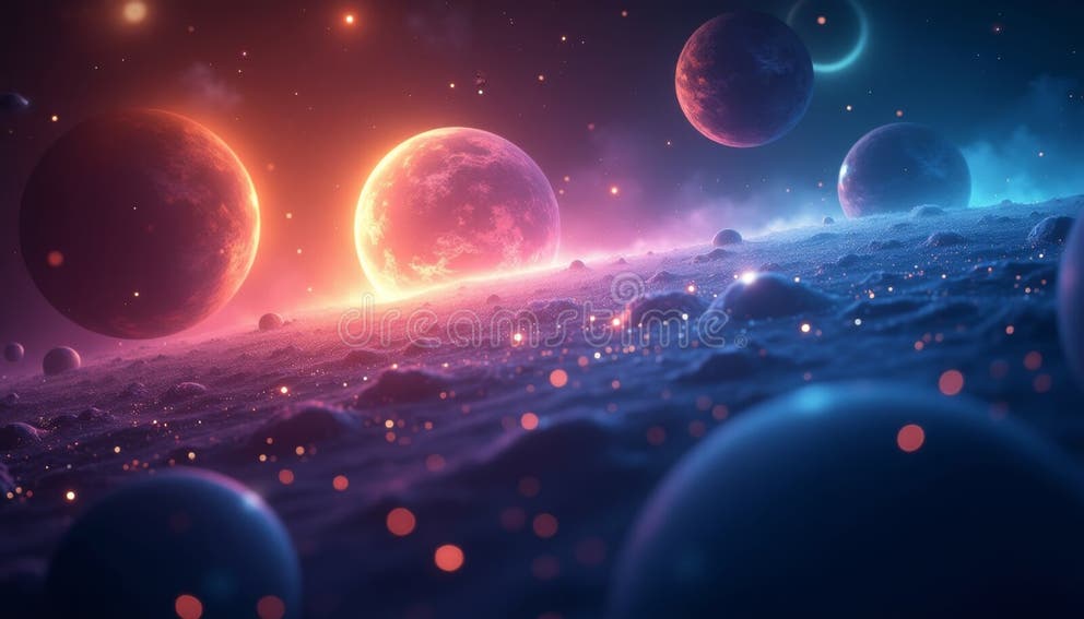 Abstract Cosmos with Glowing Rainbow-colored Planets Stock Illustration ...