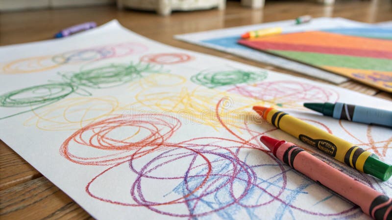 Abstract Crayon Scribbles on White Paper Made by a Child in a Playful ...