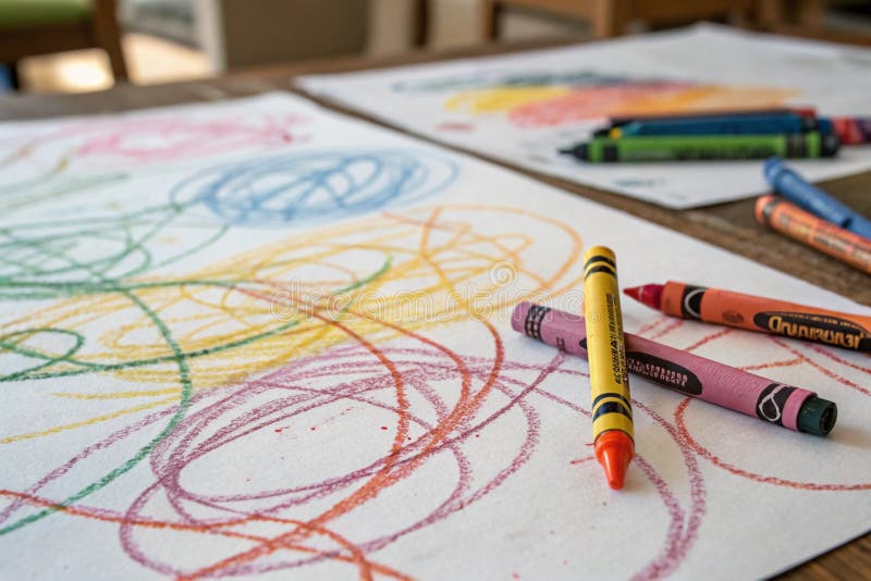 Abstract Crayon Scribbles on White Paper Made by a Child in a Playful ...