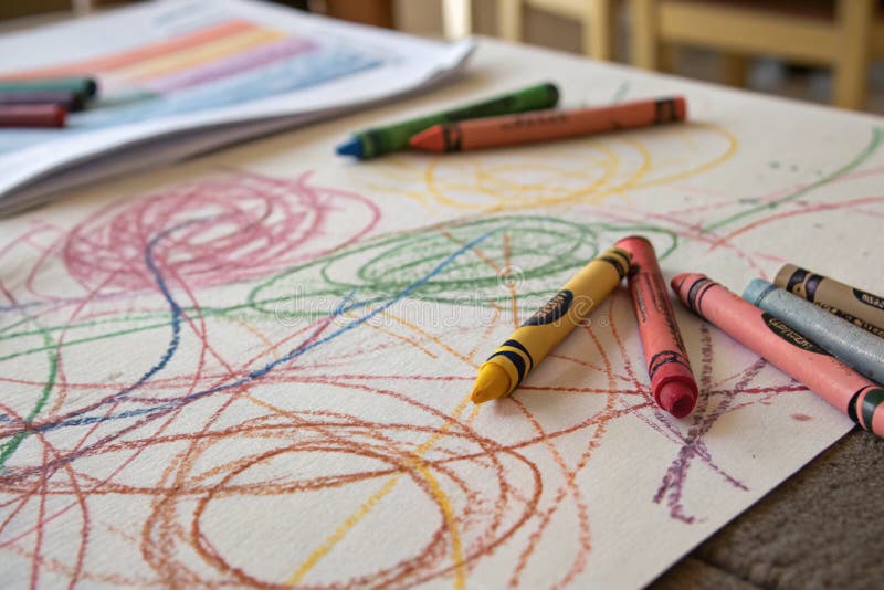 Abstract Crayon Scribbles on White Paper Made by a Child in a Playful ...