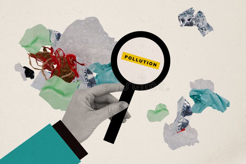 Abstract Creative Collage Hand with Magnifying Glass Looking at Garbage ...