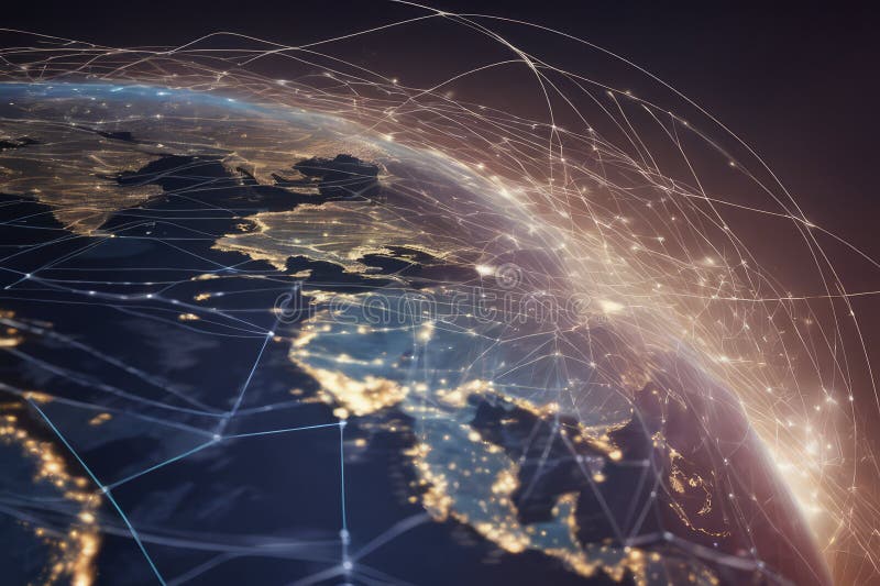 Abstract Creative Connection Network and World Map on Dark Sky ...