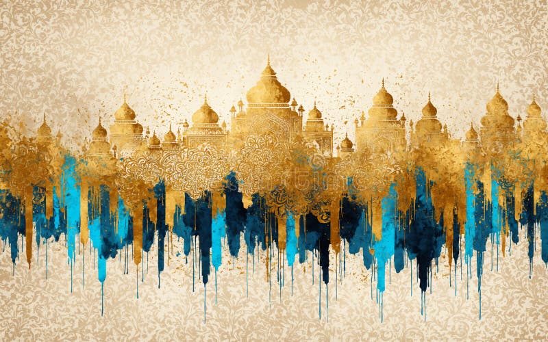 Abstract Creative Golden Indian Palace with Blue Paint Drips on Patterned Background Stock ...
