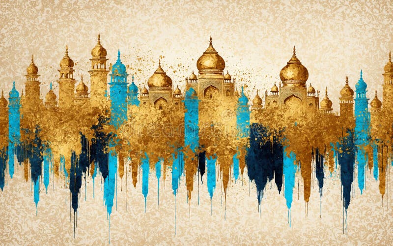 Abstract Creative Golden Indian Palace with Blue Paint Drips on Patterned Background Stock ...