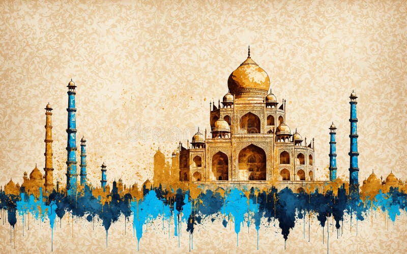 Abstract Creative Golden Indian Palace with Blue Paint Drips on Patterned Background Stock ...