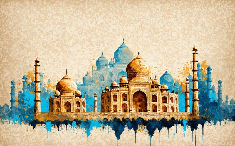Abstract Creative Golden Indian Palace with Blue Paint Drips on Patterned Background Stock ...