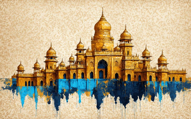 Abstract Creative Golden Indian Palace with Blue Paint Drips on Patterned Background Stock ...