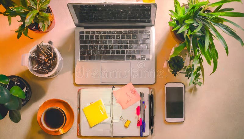 Abstract Creative Work Desk Viewed from Above, Including Laptop on ...