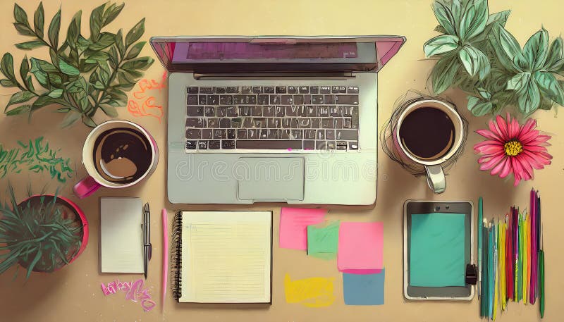 Abstract Creative Work Desk Viewed from Above, Including Laptop on ...