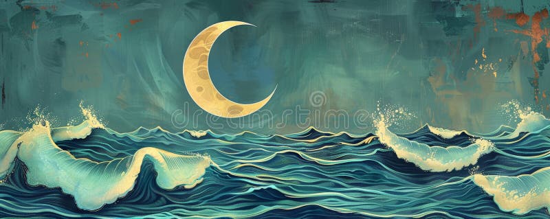 Abstract Crescent Moon Over Stylized Ocean Waves Stock Photo - Image of ...