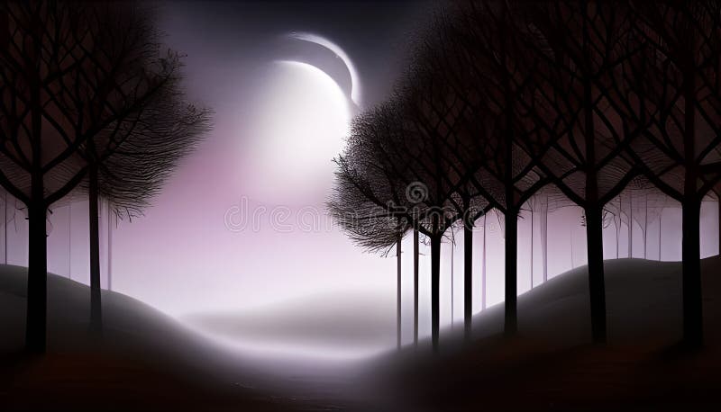 Abstract Crescent Moon and Trees at Night Stock Illustration ...