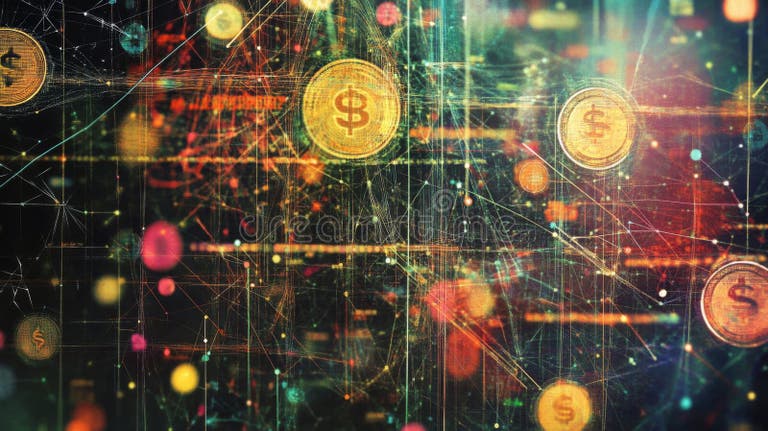 Abstract Cryptocurrency Network Background with Glowing Gold Coins ...