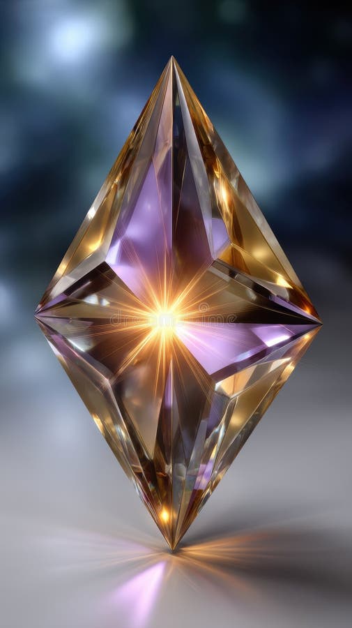 Abstract Crystal Diamond Shape with Facets and Golden Light Core on a ...