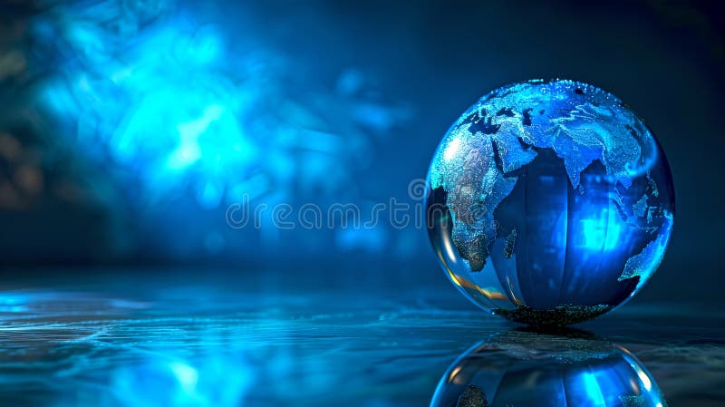 Crystal Globe on Reflective Surface Illuminated by Blue Light. Modern ...
