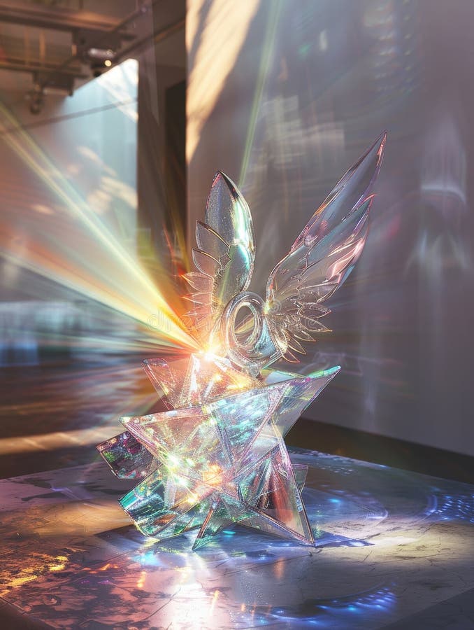 Abstract Crystal Sculpture with Angel Wings and Prismatic Light Display ...