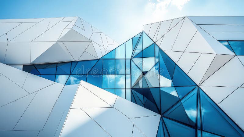 Abstract Crystalline Building Facade White and Blue Geometric Design ...