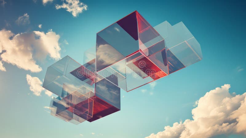 Abstract Cube Background Against Blue Sky with White Clouds. Stock ...