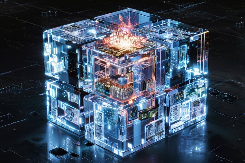 Abstract Cube Composed of Complex Microchips with Sparks, High Tech Structure Stock Illustration ...