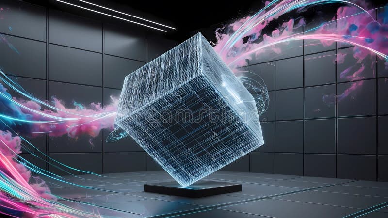 Abstract Cube with Glowing Energy Trails Stock Illustration ...