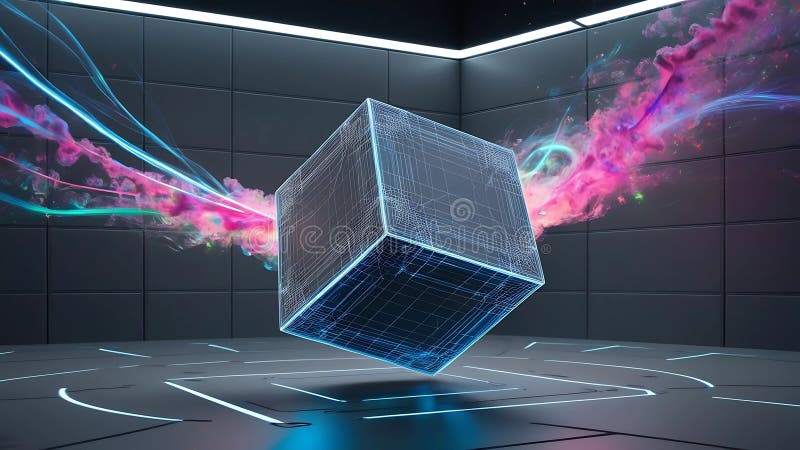 Abstract Cube with Glowing Lines and Particles Stock Illustration ...