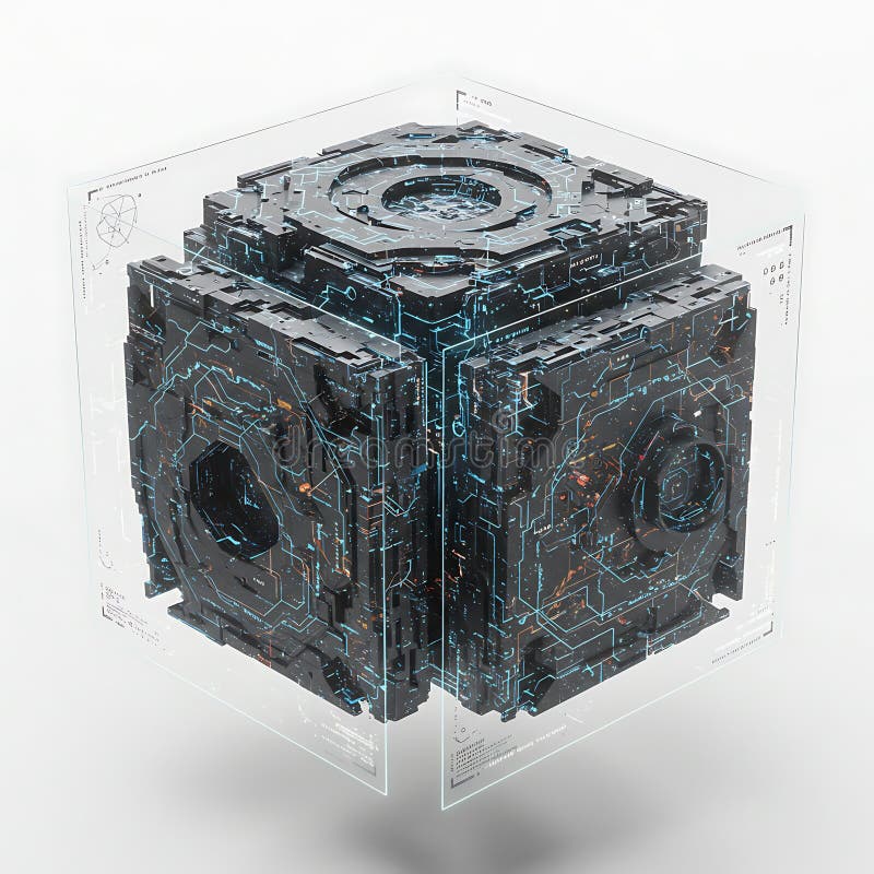 Abstract Cube with Intricate Circuitry and Clear Panels on White Stock ...