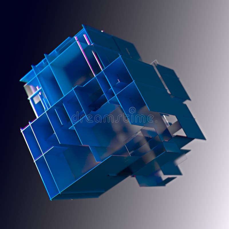 Abstract Cube Made of Blue Color Plates on a Gray Background. 3d ...