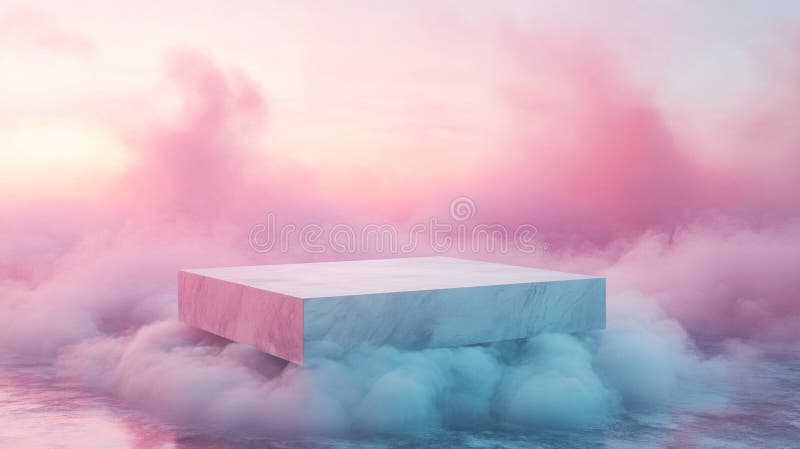 Abstract Cube Platform Above Clouds in a Dreamy Pink and White Sky ...