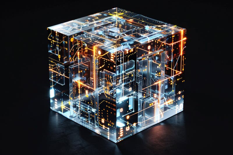 Abstract Cube Structure with Intricate Circuit Patterns and Illuminated ...