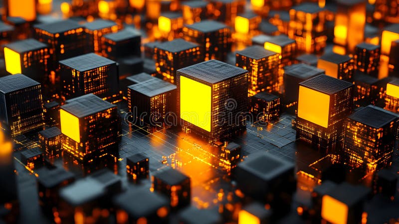 Abstract Cubes Array Structure with Glowing Orange Light in Dark ...