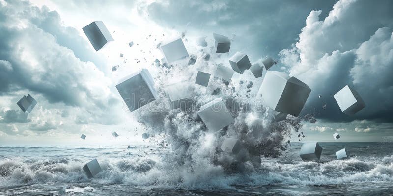 Abstract Cubes Exploding Over Ocean Waves Under Dramatic Cloudy Sky ...