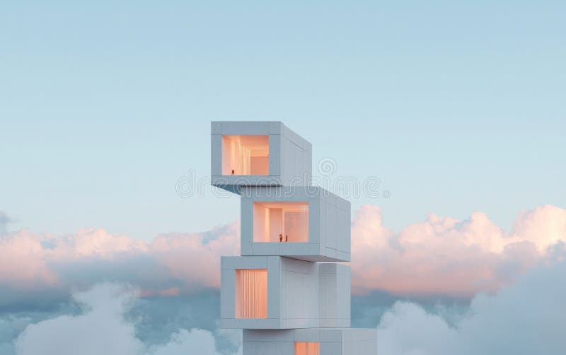 Abstract Cubic Building Above Sunset Clouds Stock Illustration ...