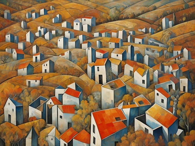 Abstract Cubism Autumn Aerial View, Representation of Human Labor Camp ...
