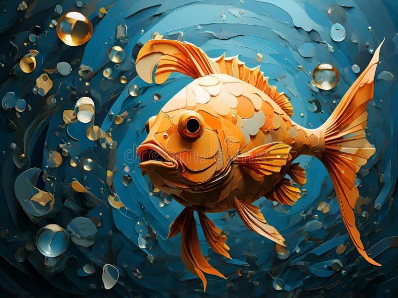 Abstract Cubism of Fish and Bubbles Blue Background Stock Illustration ...