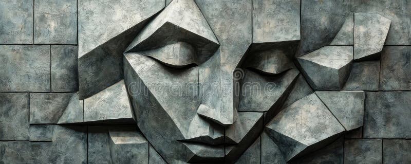 Abstract Cubist-inspired Face Sculpture in Textured Gray Stone Bas ...