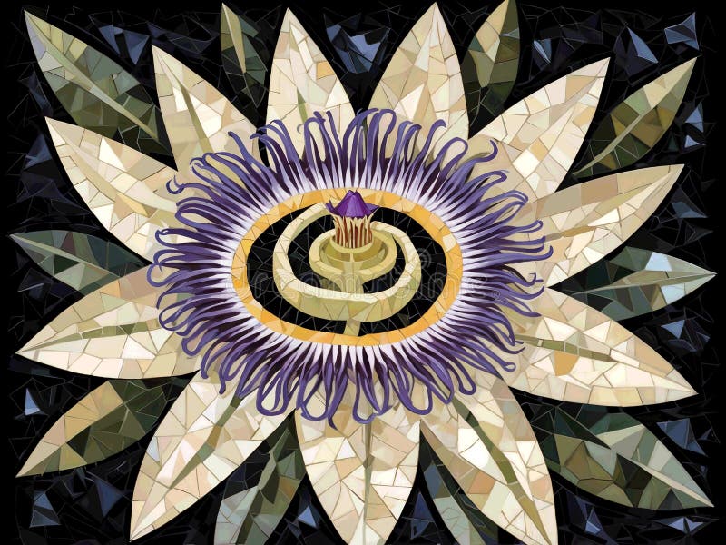Abstract Cubist Style Triangular Mosaic of Passion Flower Head on Dark ...