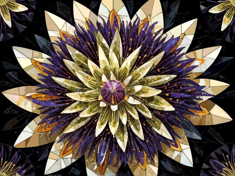 Abstract Cubist Style Triangular Mosaic of Passion Flower Head on Dark ...