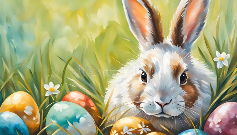 Abstract Cute Easter Bunny in Grass with Easter Eggs Digital Art with ...