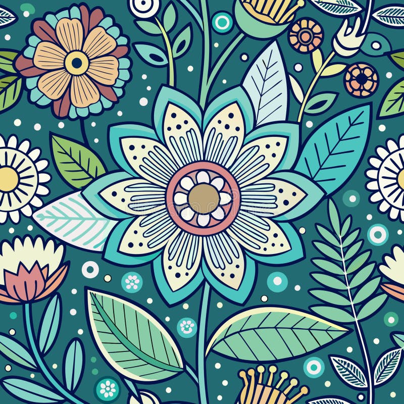 Abstract Cute Flora Outline Design Pattern Seamless Illustration Stock ...