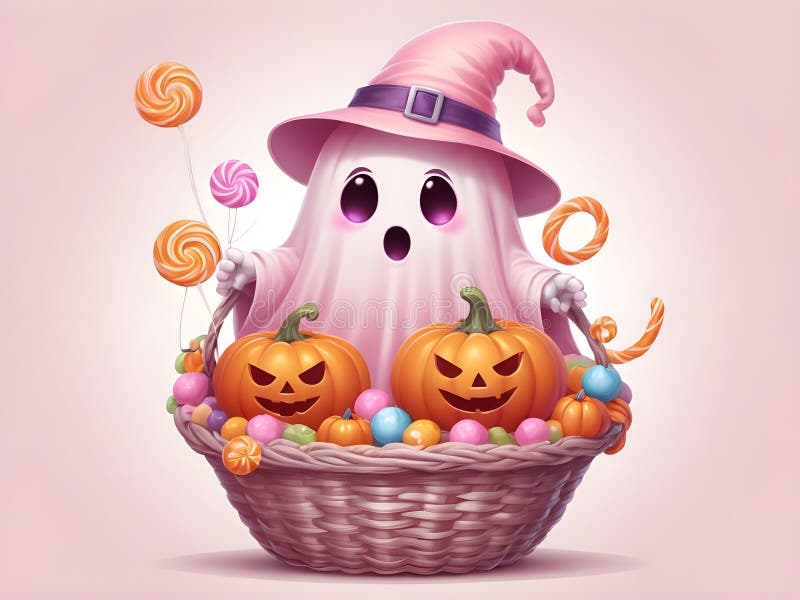 Abstract Cute Pastel Pink Ghost in Hat with Pumpkin Basket Stock ...