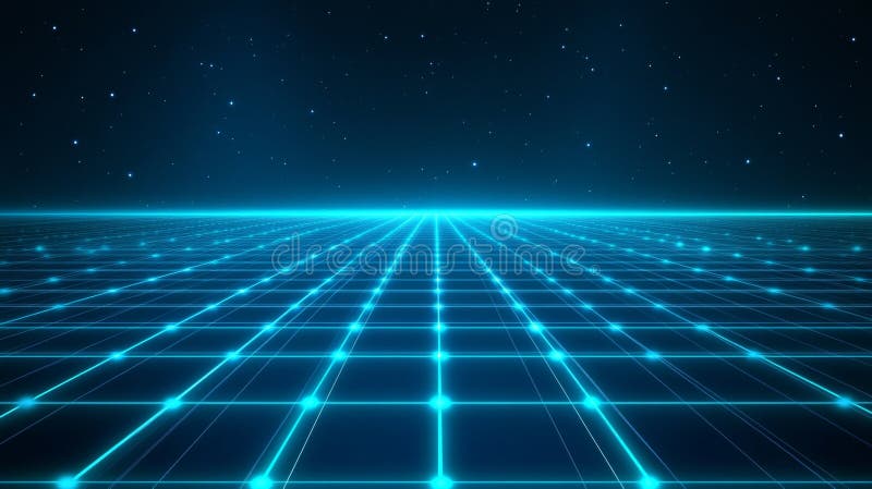 Abstract Cyan Glowing Grid Horizon on Navy Blue Background, Technology ...