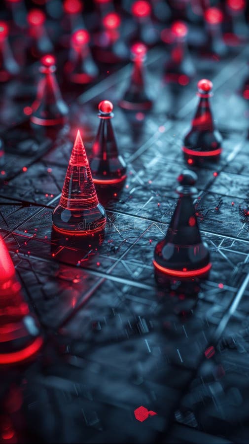Abstract Cyber Conflict: Minimalist Chess Grid with Red Vs Blue Shapes ...