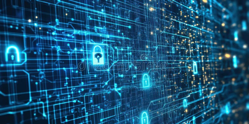 Abstract Cyber Security Concept with Glowing Padlocks and Circuit Board ...